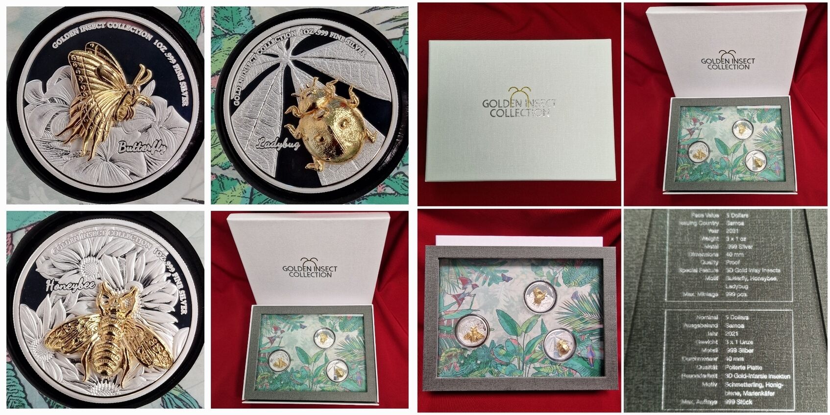 Samoa 3 x 5 Dollars Proof 3 Dimensional 2021 Golden Insect Collection 1 ...