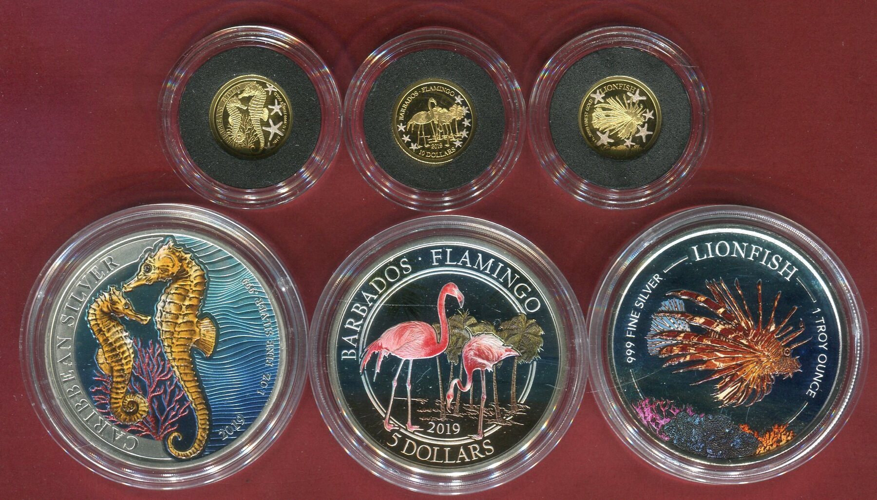 Barbados 3 x 10 Dollar Goldmünzen & 3 x 5 Dollar Silber 2019 Caribbean ...