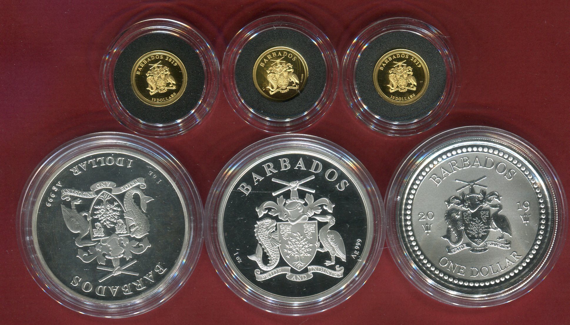 Barbados 3 x 10 Dollar Goldmünzen & 3 x 5 Dollar Silber 2019 Caribbean ...