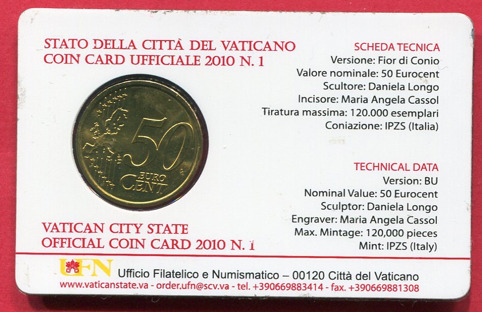 50 Cent Vatikan Coin Card N. 1 2010 Papst Benedikt XVI BU | MA-Shops