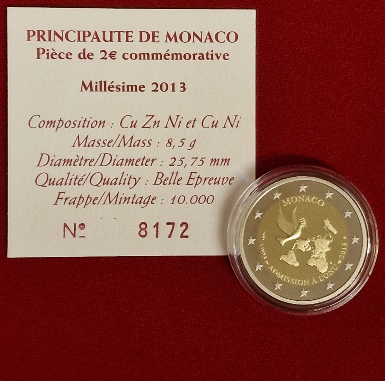 Monaco 2 Euro Gedenkmünze 2013 20 Jahre UN UNO Beitritt L`admission a L ...