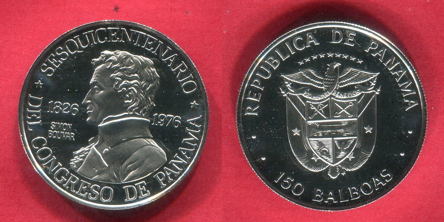 Panama 150 Balboas 1976 150 Jahre Kongress, Bolivar Proof with Capsule ...