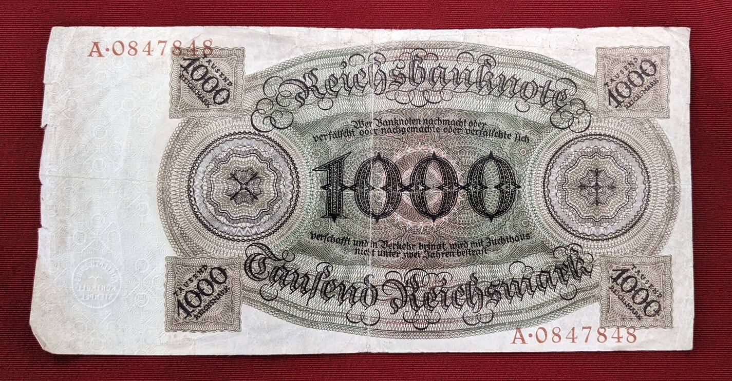 Deutsche Reichsbank 1924-1945 1000 Reichsmark 1924 Weimarer Republik - Holbein used, please see ...