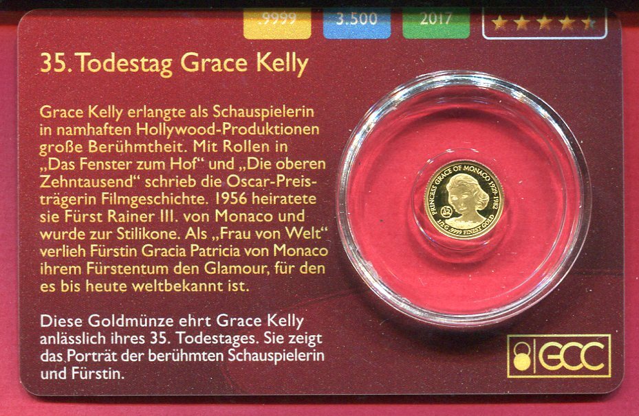 Niue 2,50 Dollars Minigoldmünze 2017 35. Todestag von Grace Kelly ...