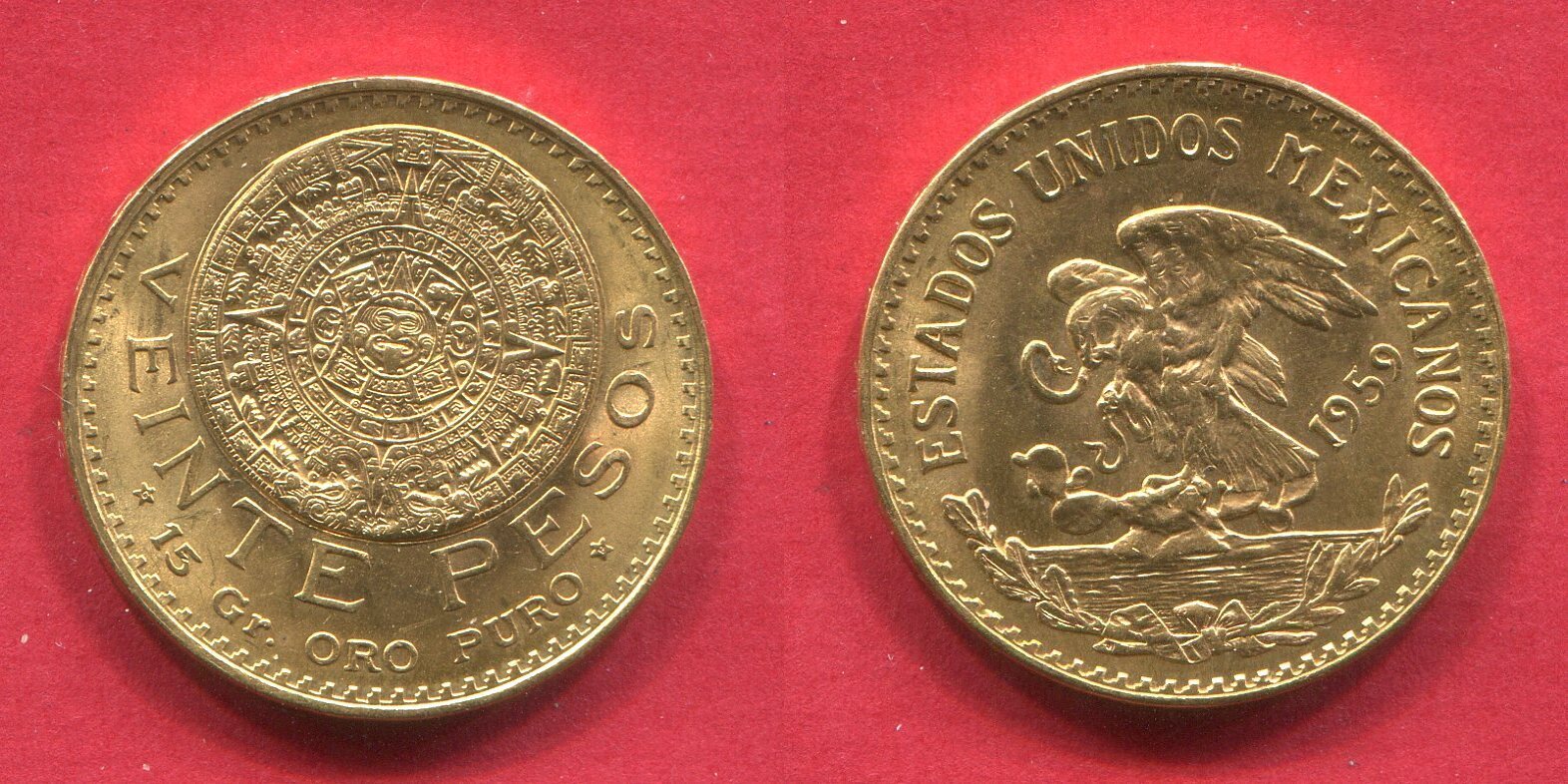 Mexico 20 Pesos Gold 1959 Aztec Calendar Piedra del Sol with value in ...