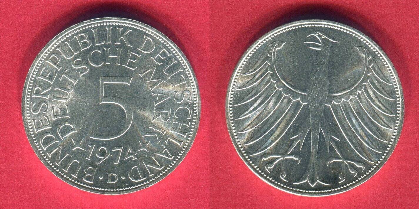 Bundesrepublik Deutschland 5 DM Silber Kursmünze 1974 D Silberadler prägefrisch | MA-Shops