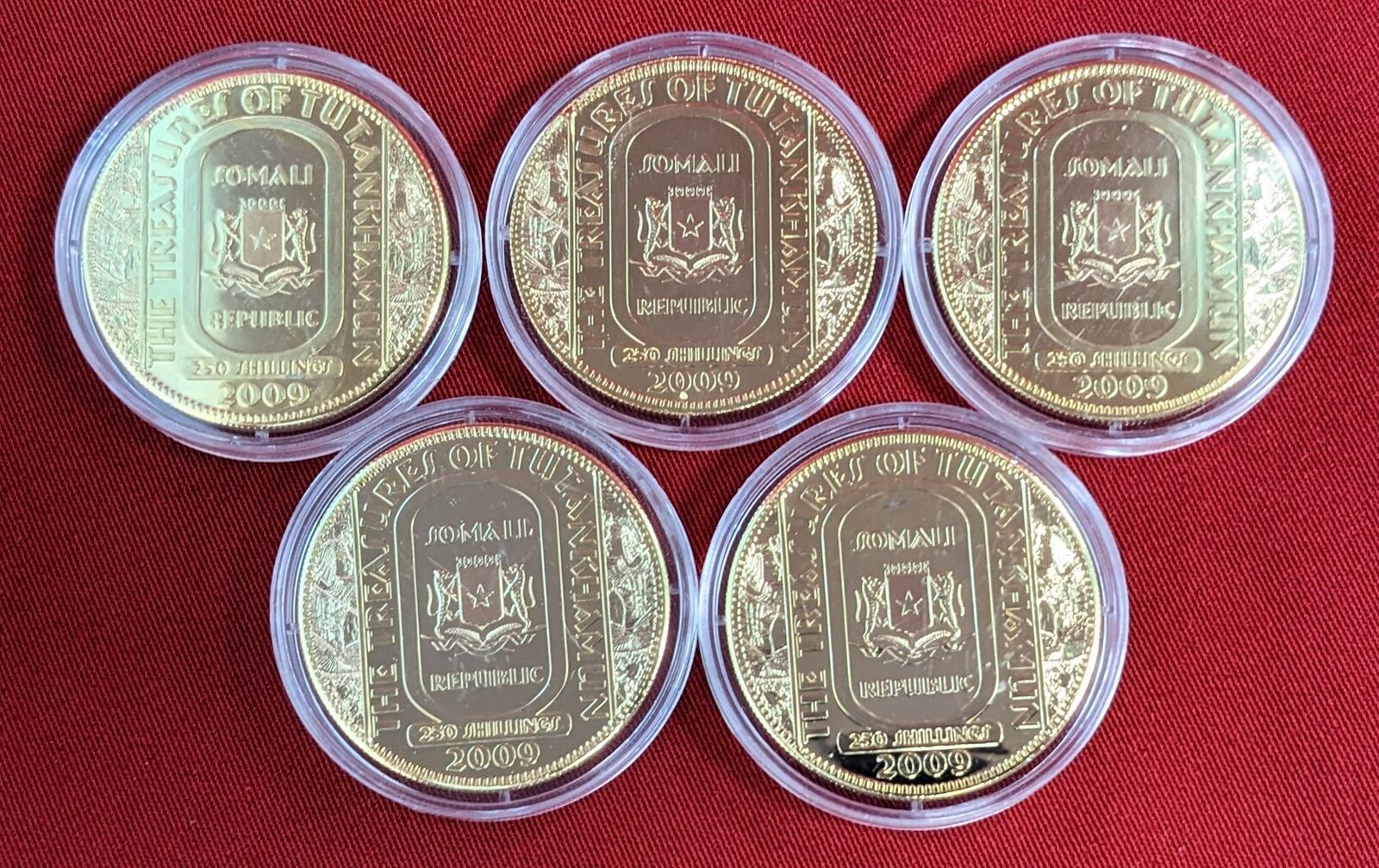 Somalia 5 x 250 Shillings vergoldet Farbmünzen 2009 Tut-Ankh-Amun Set - Ancient Egypt - proof ...