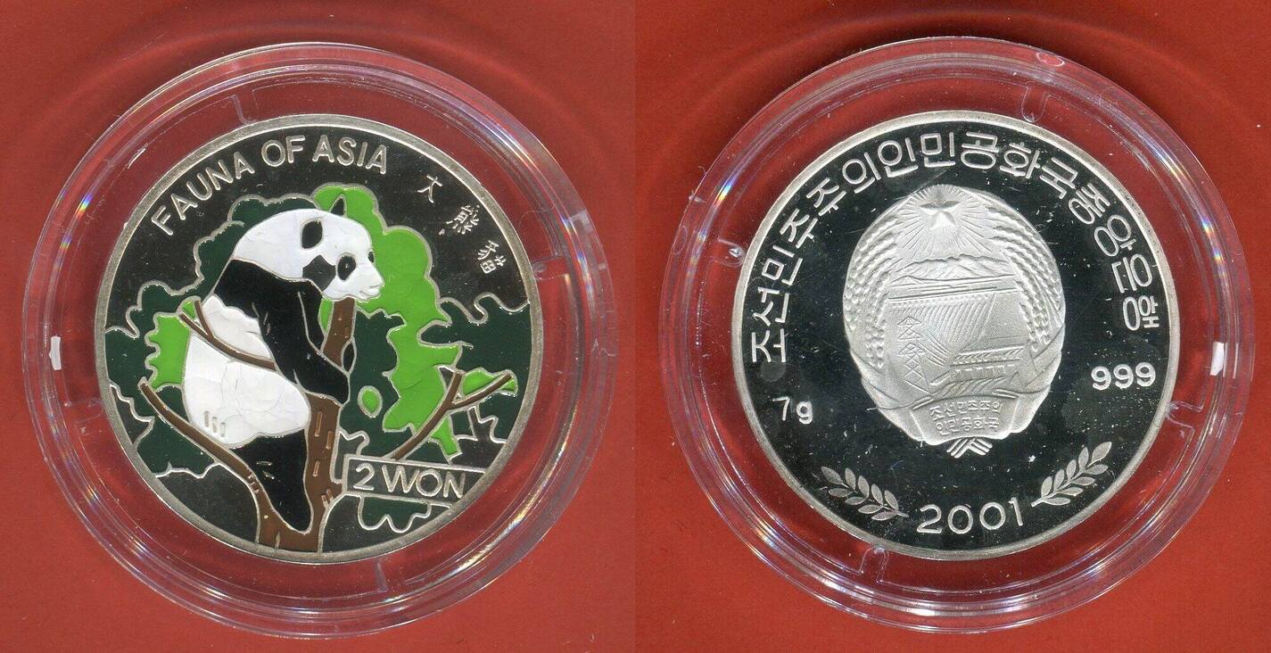 Nord Korea 2 Won Farbmünze 2001 Fauna Asiens - Panda Polierte Platte ...