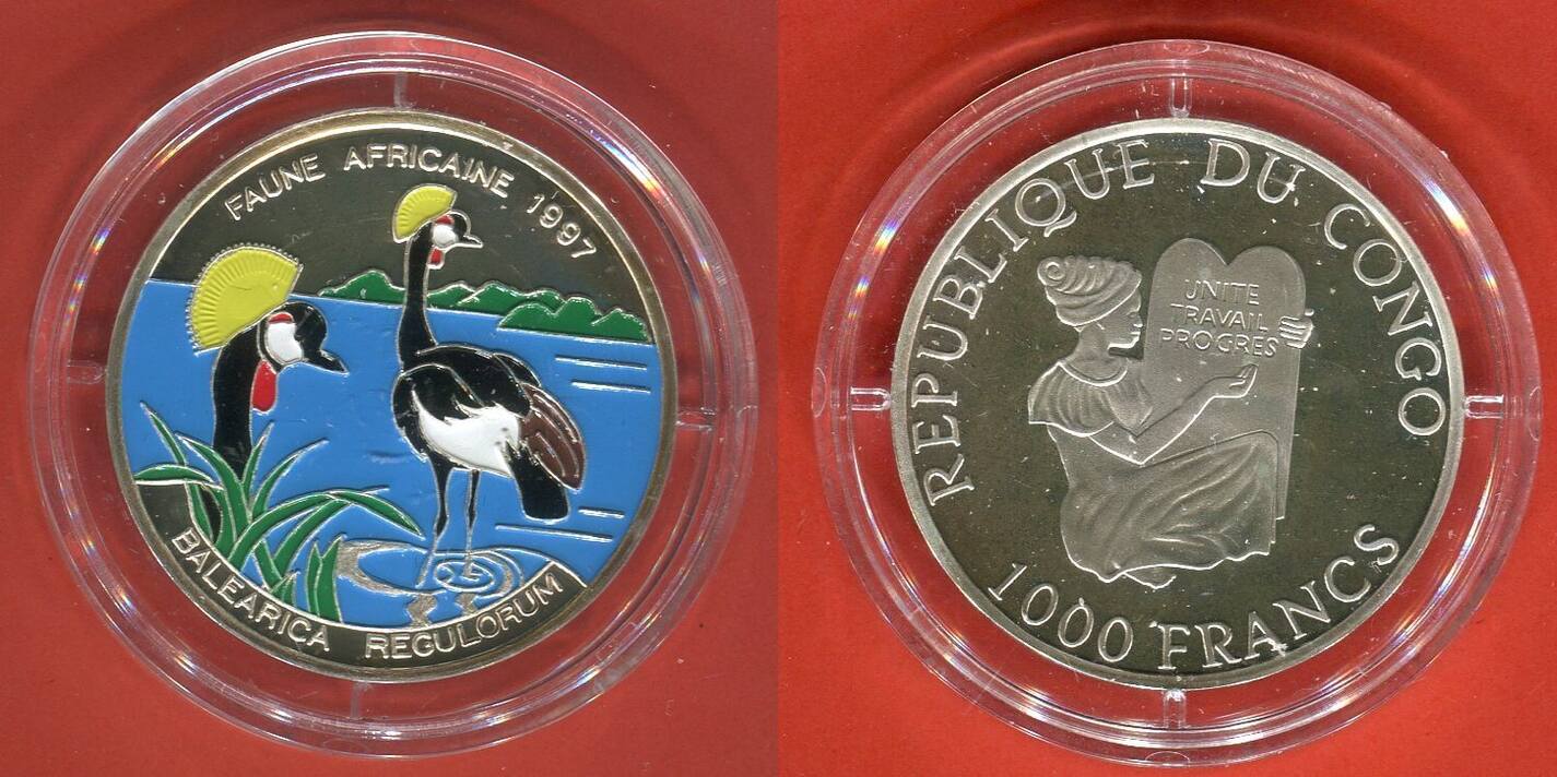 Republik Kongo, Congo 1000 Francs Silbermünze 1997 Afrikanische Fauna ...
