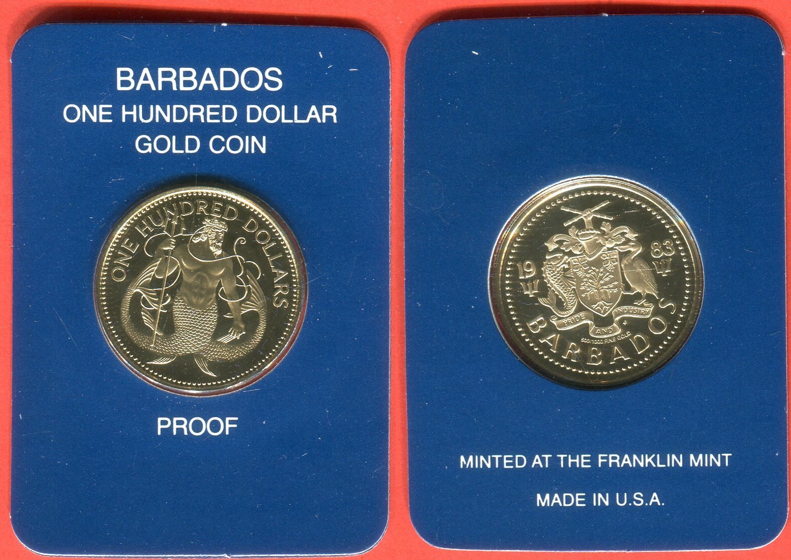Barbados 100 Dollar 1983 Neptun - Rare Mintage only 484 Proof sealed ...