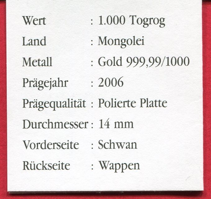 Mongolei 1000 Togrog Minigoldmünze 2006 Höckerschwan (1/25 oz) proof in ...