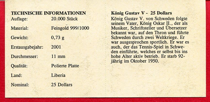 Liberia 25 Dollars Minigoldmünze 2001 König Gustav V. (König von ...