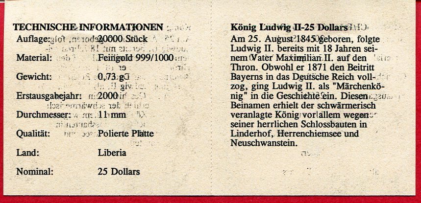 Liberia 25 Dollars Minigoldmünze 2000 König Ludwig II. proof in capsule ...