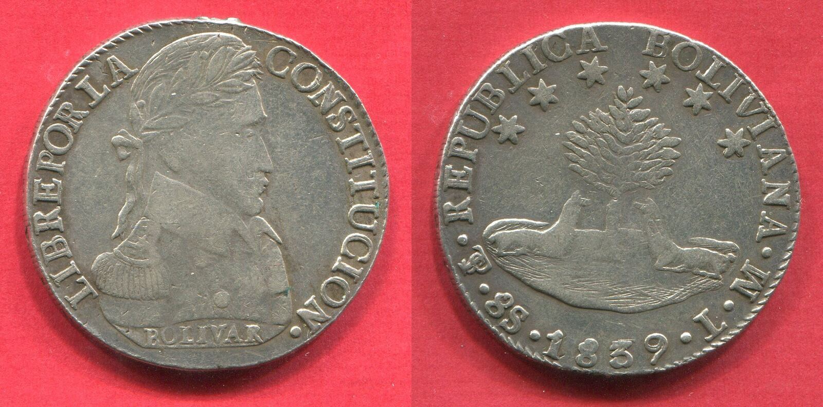 Bolivien Bolivia 8 Soles Sol 1839 PTS LM Simon Bolivar vf + cleaned mount removed | MA-Shops