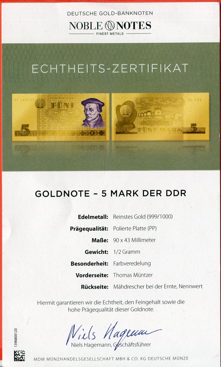 DDR 0,5 Gramm Goldnote 1975 5 Mark Banknote - Thomas Müntzer ...
