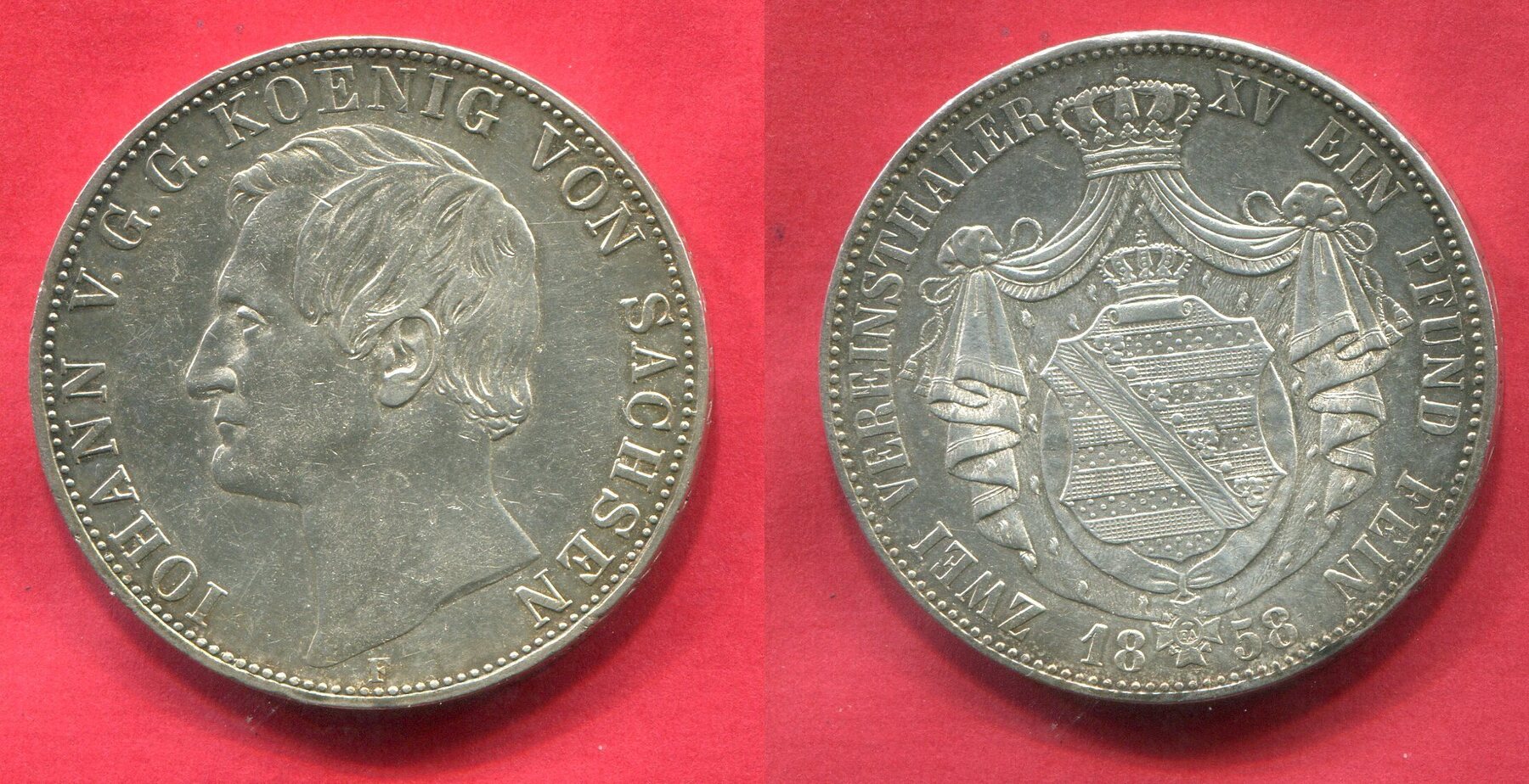 Germany Deutschland Sachsen Saxony Königreich 2 Taler Doppeltaler 1858 Johann 1854- 1873 AU ...