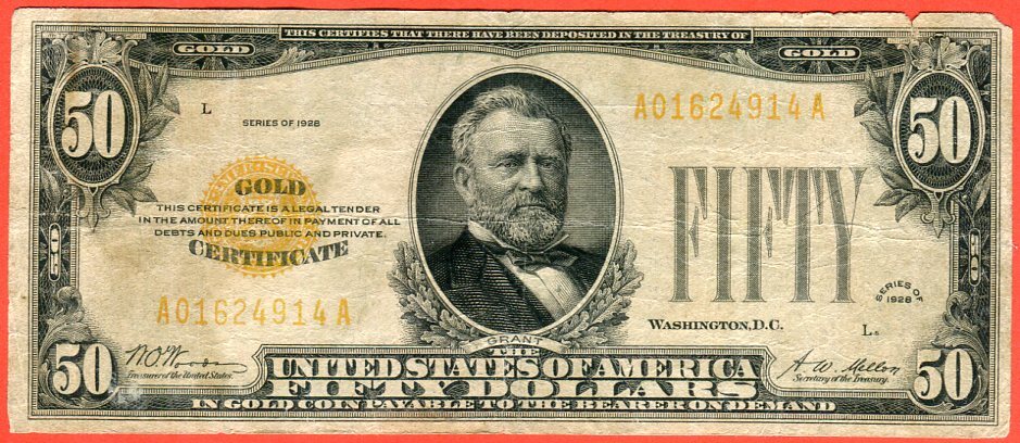 50 Dollars Gold Certificate Banknote 1928 Porträt von Ulysses Grant (18 ...