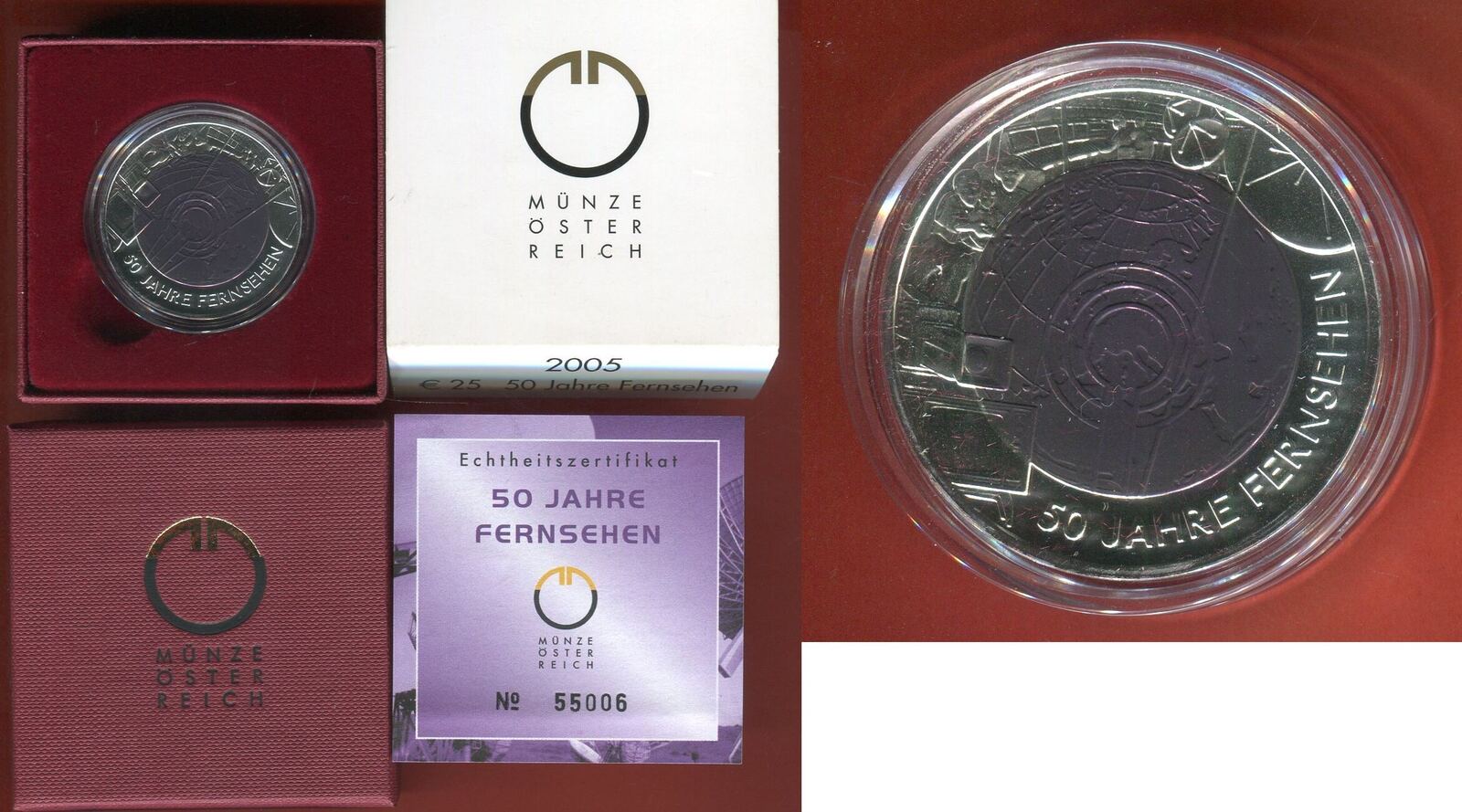 Österreich 25 Euro Niobmünze 2005 50 Jahre Fernsehen Niob BU with ...