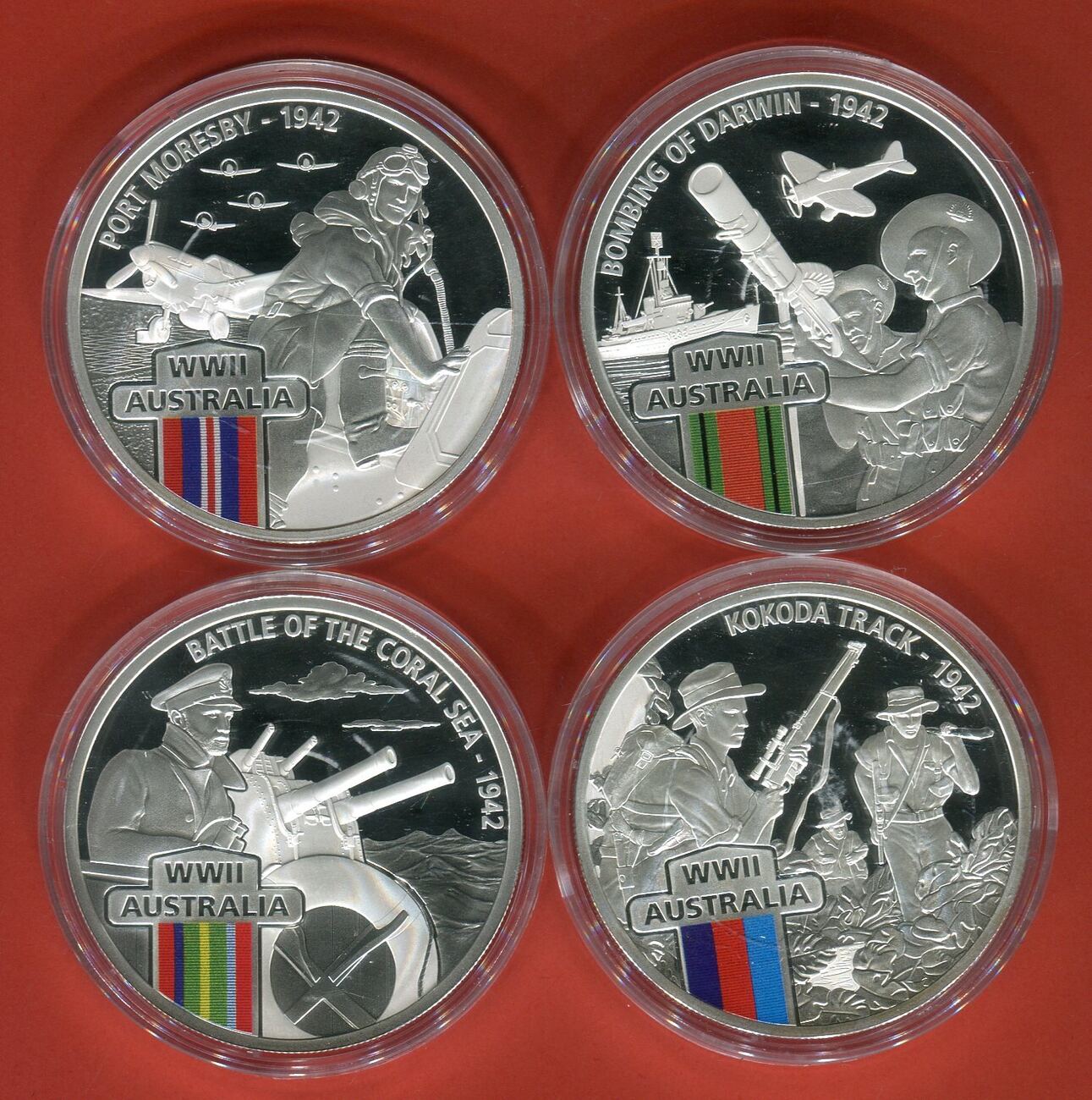 Niue 4 x 1 Dollar Kupfer Münzen versilbert 2017 1942 Defending a Nation ...