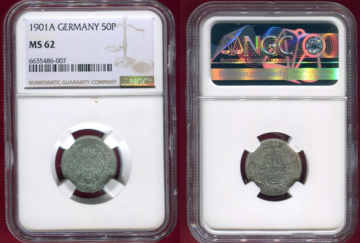 Deutsches Reich / Germany 1901 A 50 Pfennig Kursmünze NGC MS 62 | MA-Shops