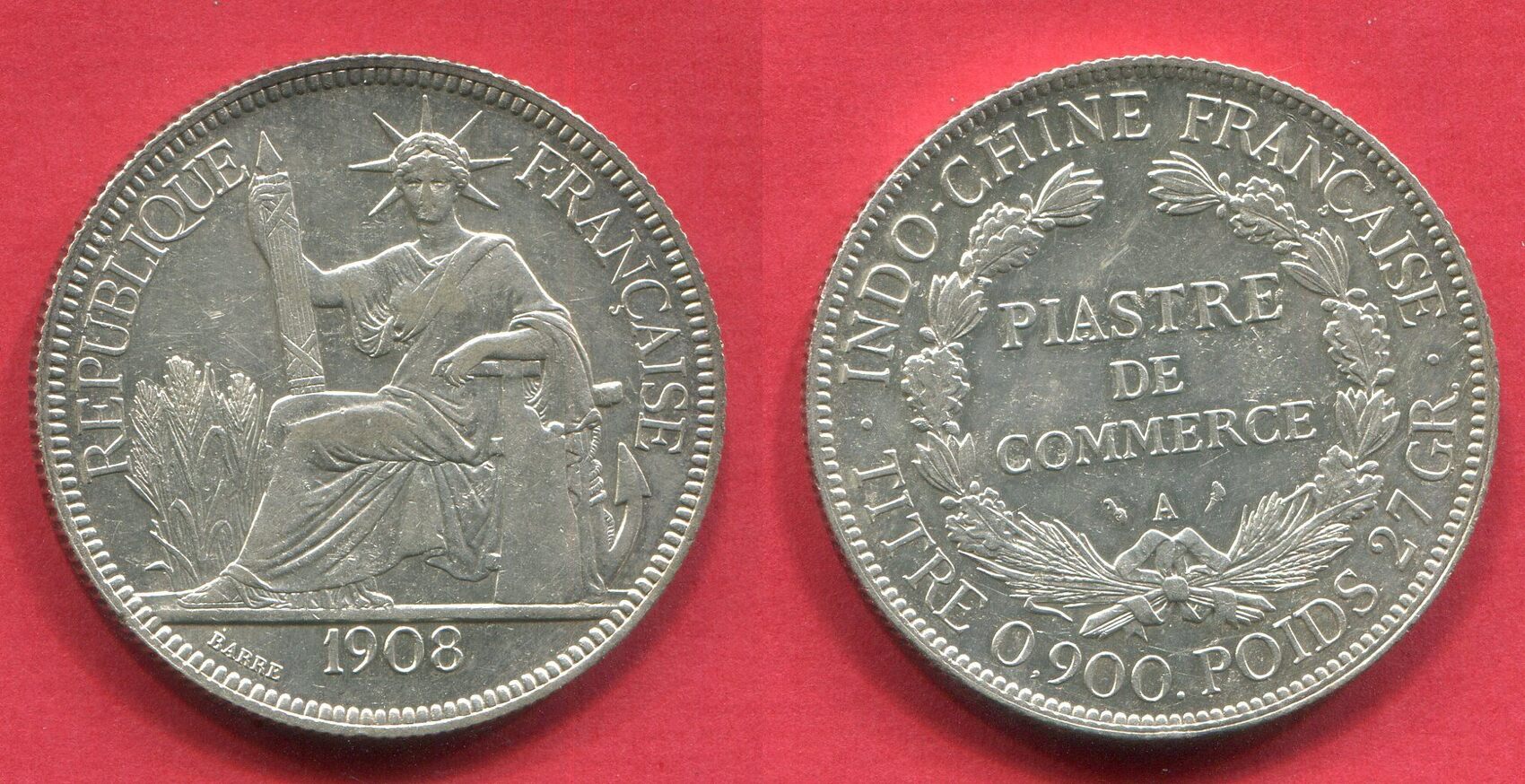 Französisch Indochina Piaster 1908 Piastre de Commerce USA AU min scr ...
