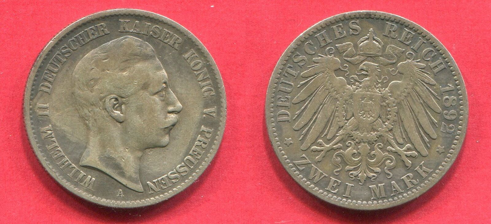 Preußen Deutsches Reich 2 Mark Silbermünze 1892 Kaiser Wilhelm II ...