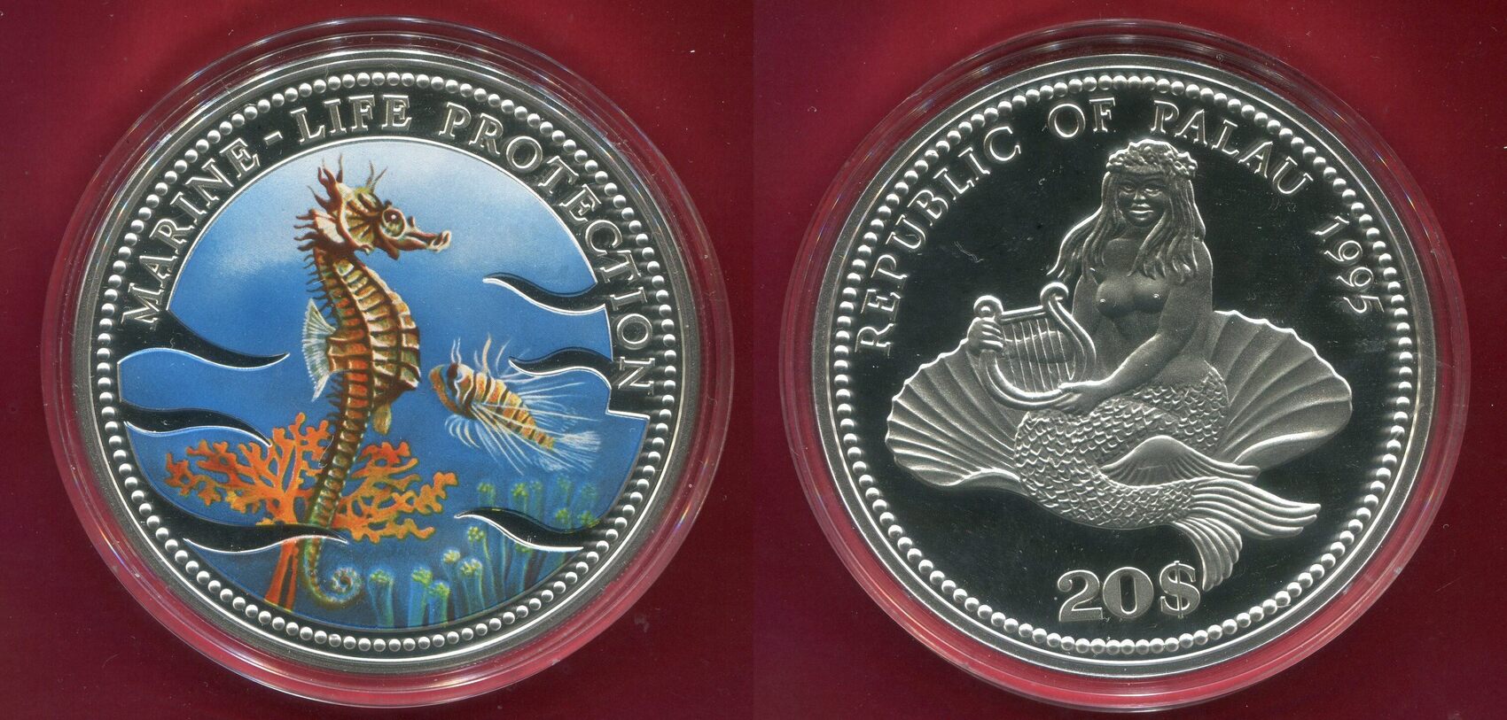 Palau 20 Dollar Silbermünze 5 Unzen Farbmünze 1996 Marine Life Protection Seepferdchen Sea Horse ...