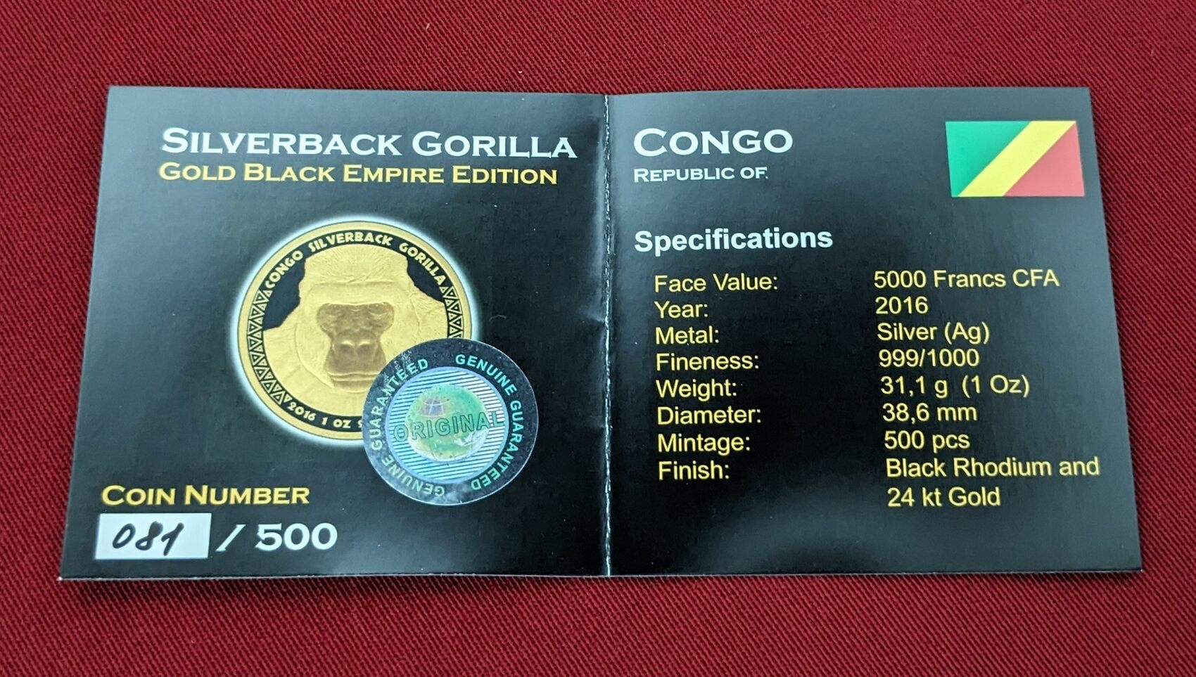 Kongo 5000 Francs CFA Silbermünze - 1 Unze Silber 2016 Gold Black Empire Special Edition ...