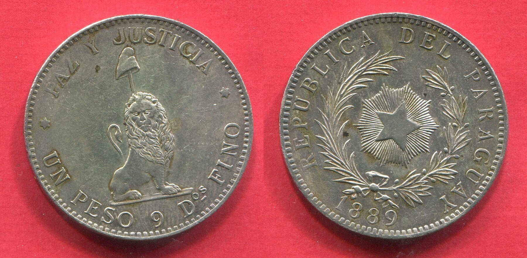 Paraguay 1 Peso 1889 Lion PAZ Y JUSTICIA UN PESO 9 D os FINO AU mall ...