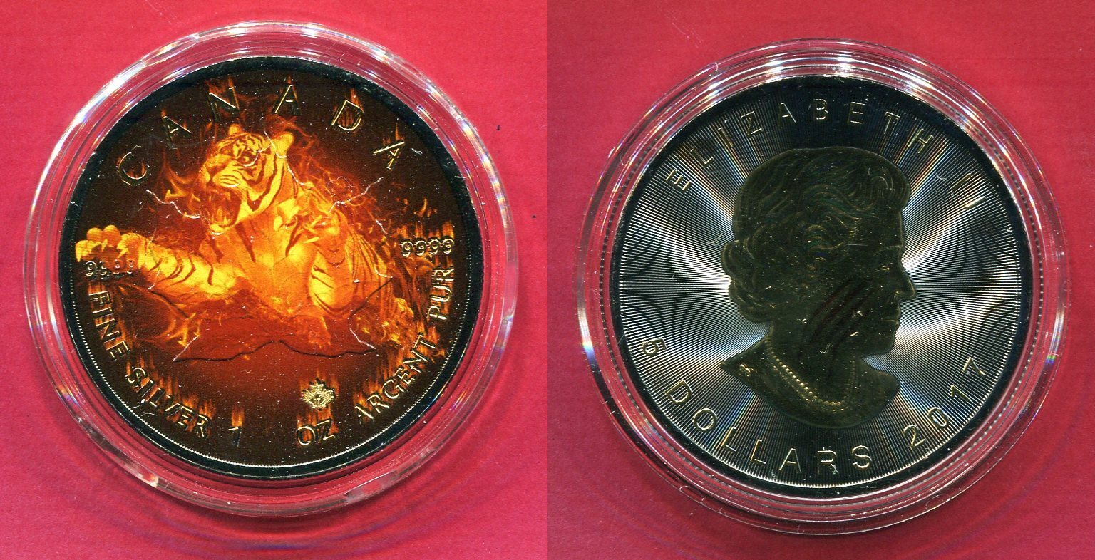 Kanada 5 Dollars Silbermünze 2017 Burning Wildlife Tiger (m ...