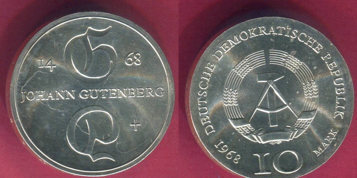 DDR 10 Mark Silbergedenkmünze 1968 500. Todestag Johannes Gutenberg ...