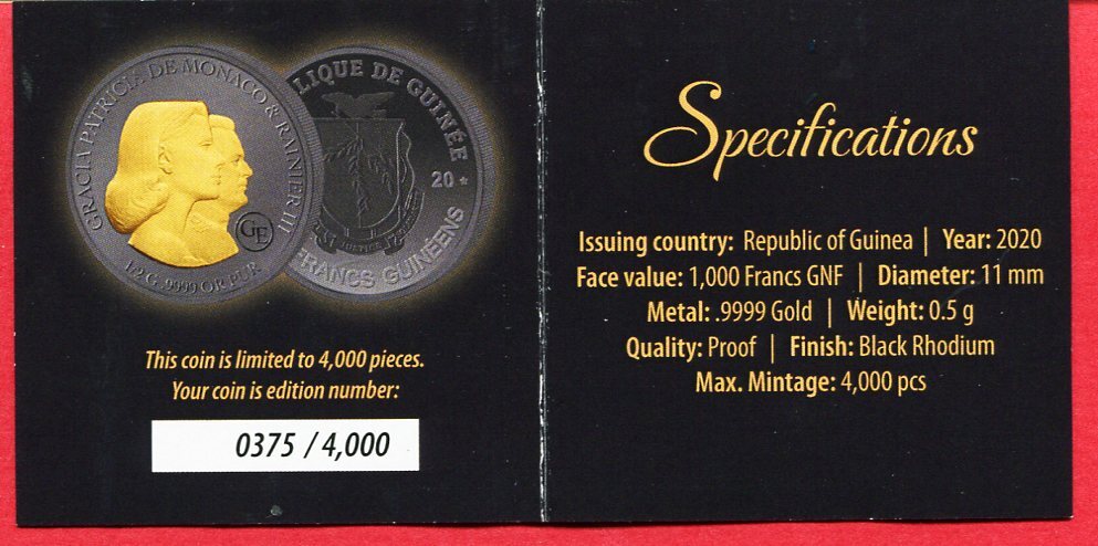 Guinea 1000 Francs GNF Minigoldmünze 2020 Gracia Patricia von Monaco ...