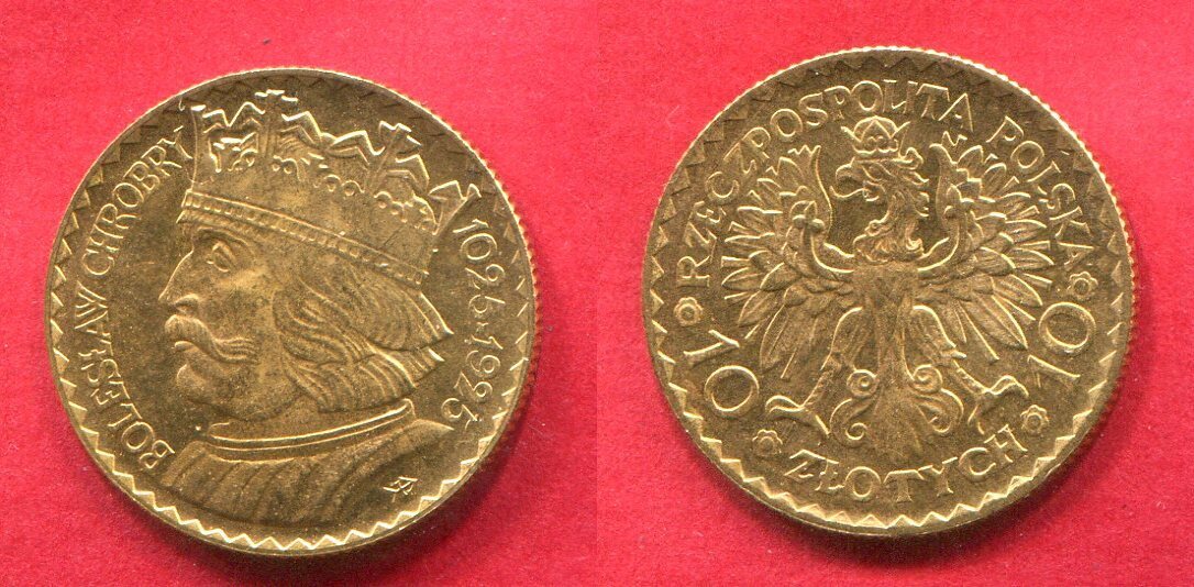 Polen Poland G10Z 10 Zloty Gold 1925 Bolesław I. der Tapfere USA Unc uncertified | MA-Shops