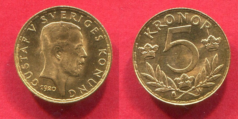Schweden, Sweden 5 Kroner Gold 1920 Gustav V. USA Unc. | MA-Shops