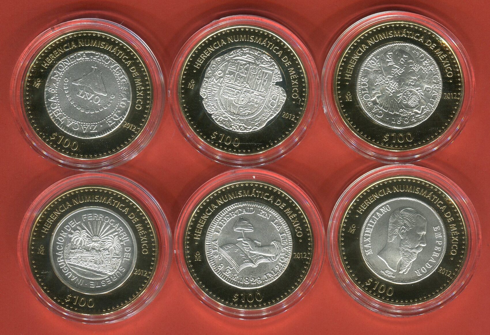 Mexico, Mexiko 6 x 100 Pesos Bimetall Bimetallic 2012 Numismatisches ...