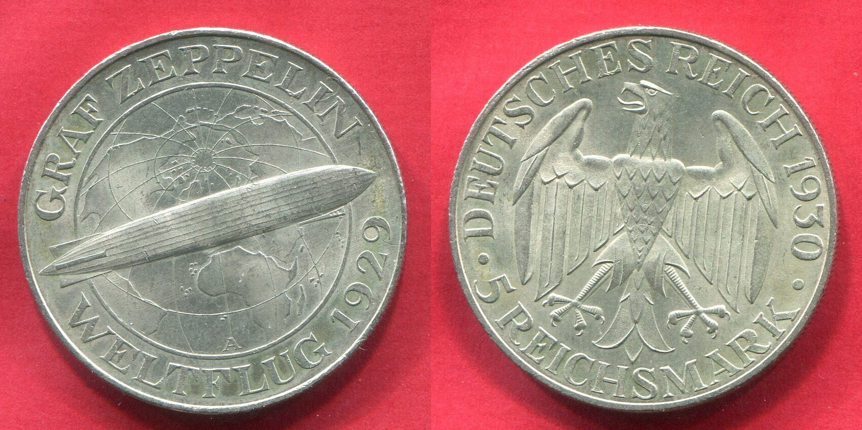 Deutschland Weimarer Republik Germany 5 Mark 1930 A Zeppelin Weltflug ...