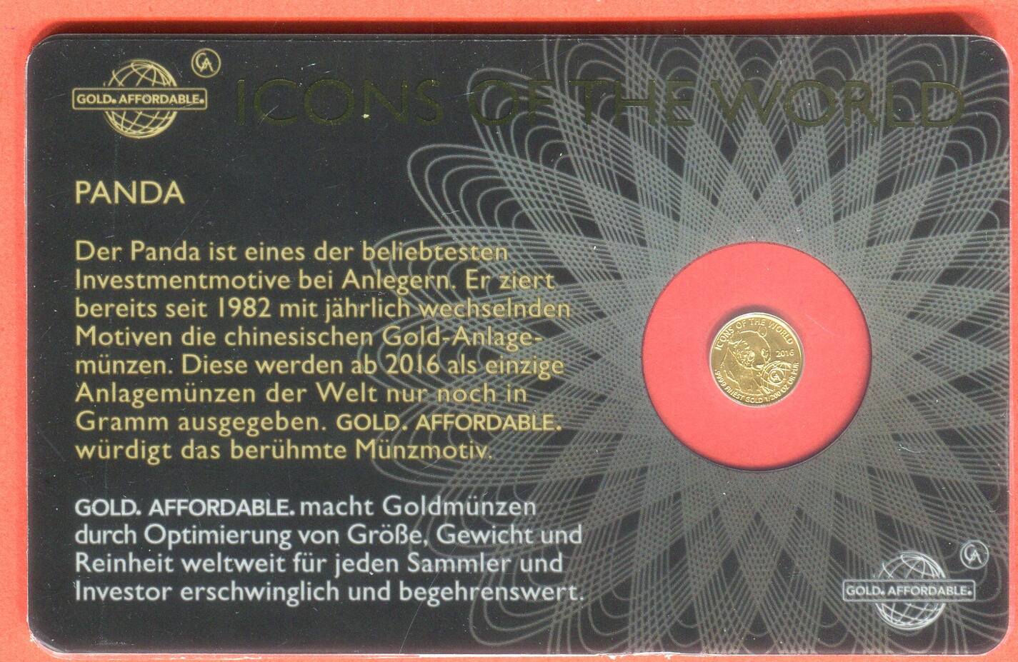 Ruanda 10 FRW Minigoldmünze - 1/200 Unze Gold 2016 Panda - aus der ...