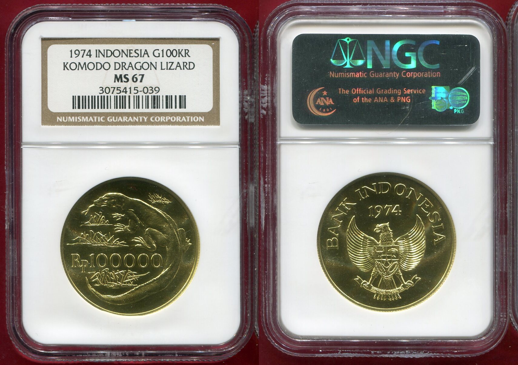 Indonesia Indonesien Gold 100000 Rupiah 1974 Komodo Dragon Komodowaran ...