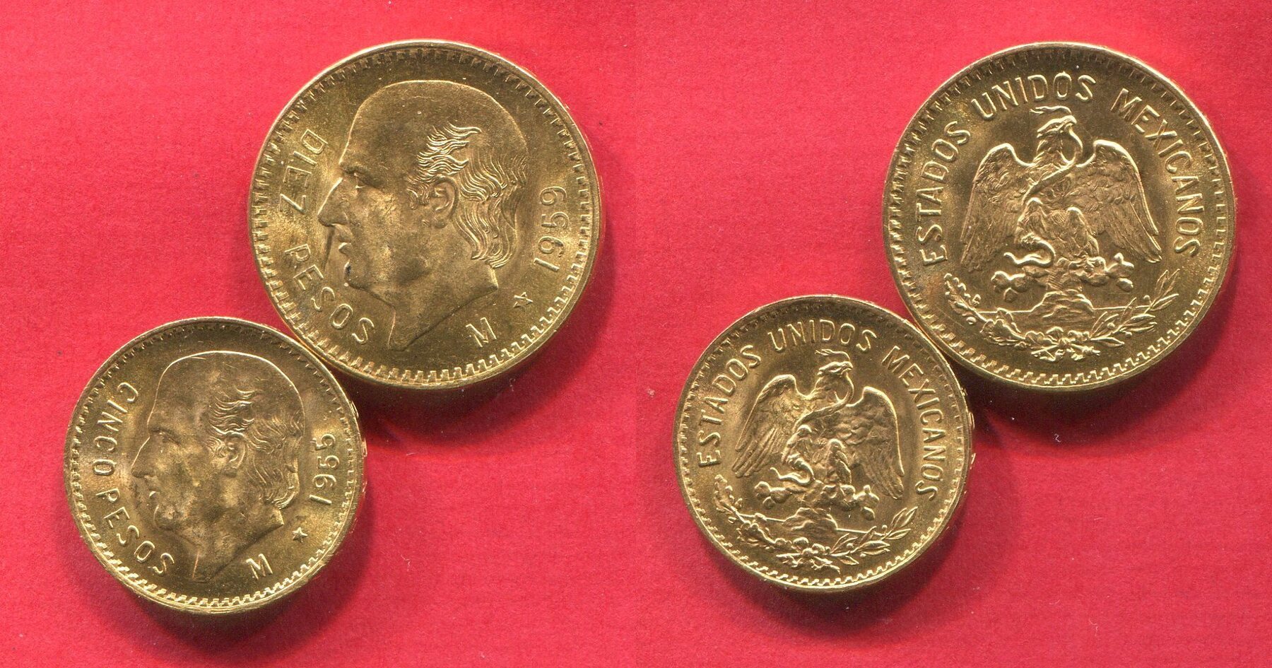 Mexico 5 und 10 Pesos Gold 1955 1959 2 Münzen Two Coins Unc sm. scr ...