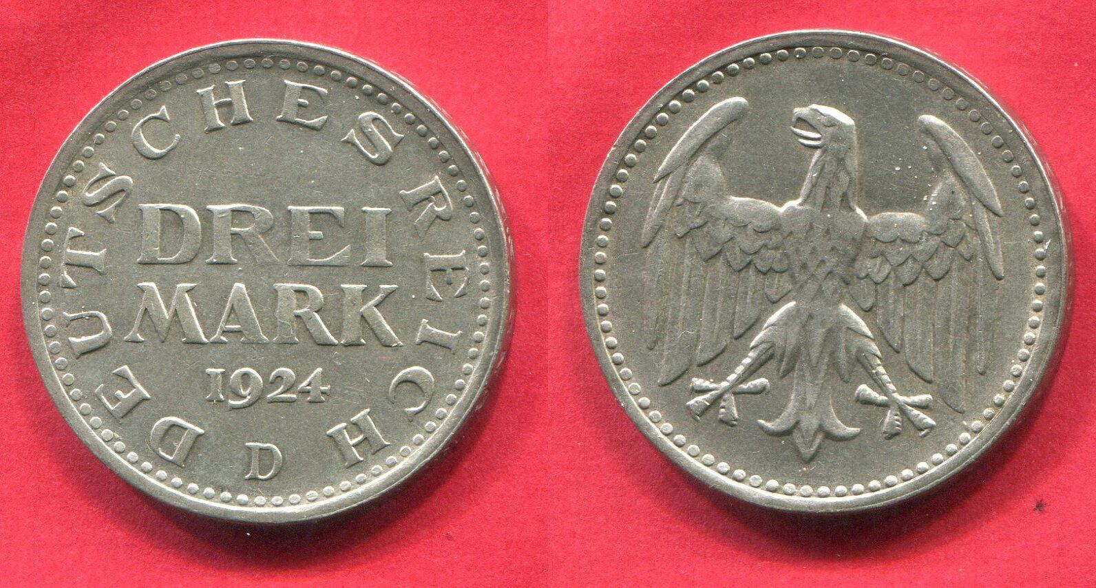 Weimarer Republik Deutsches Reich 3 Mark Silber 1924 D Kursmünze Drei ...