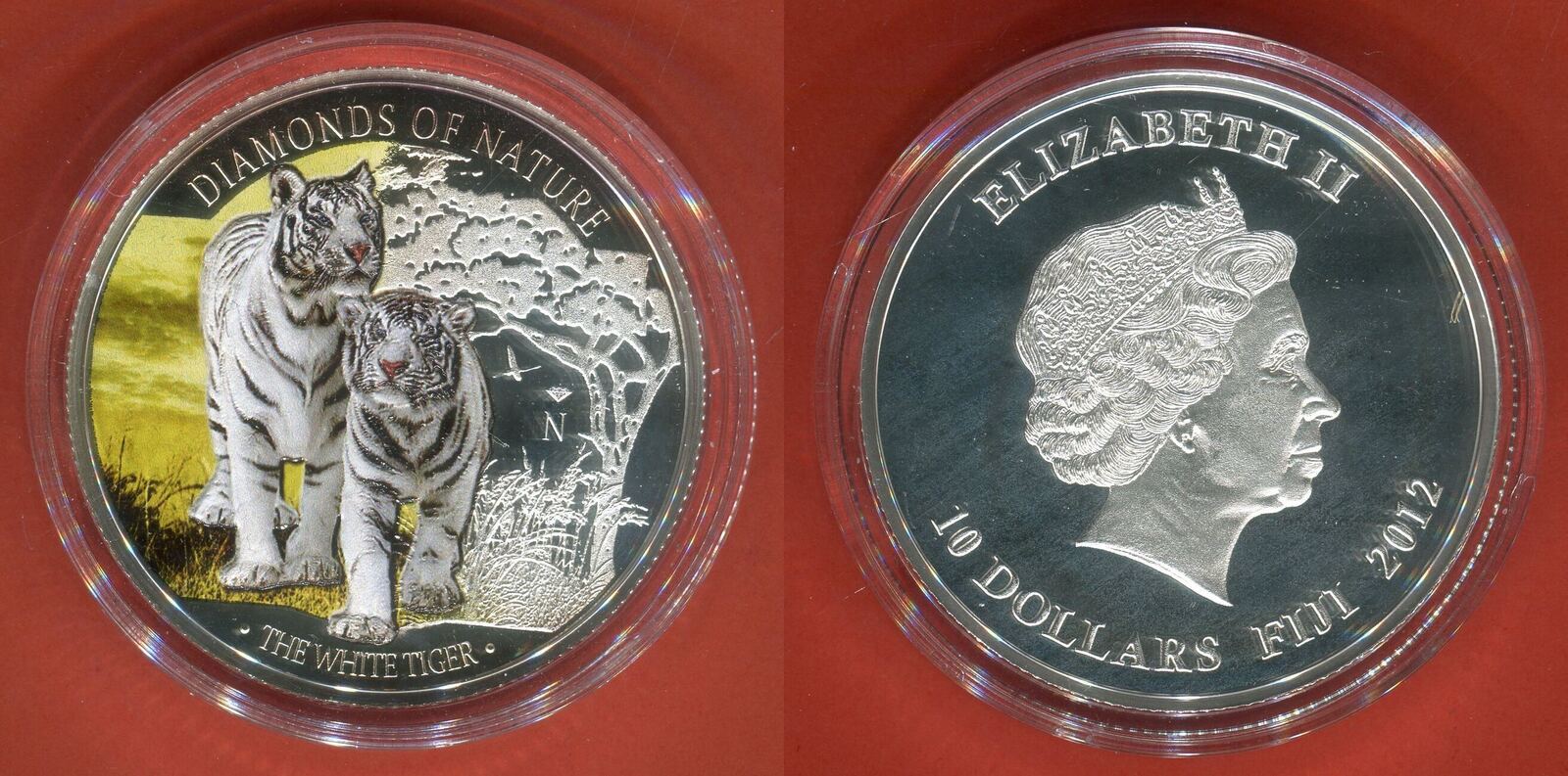 Fiji 10 Dollars Farbmünze - kleine Auflage! 2012 The White Tiger - Der ...