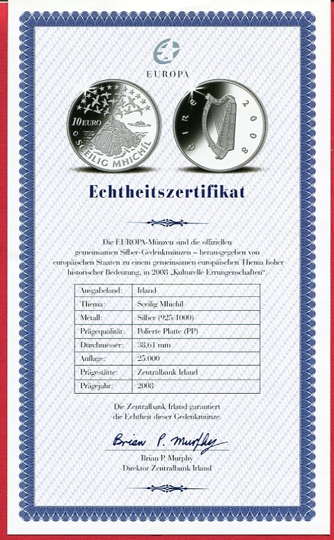 Irland 10 Euro Silbermünze 2008 Skellig-Michael-Insel proof in capsule ...
