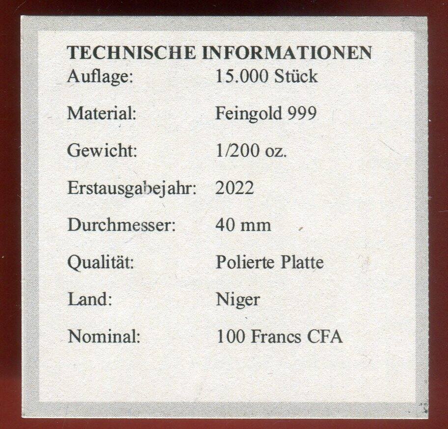 Republique du Niger 100 Francs CFA Goldmünze 2022 1/200 Unze - 20 ...