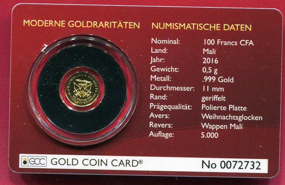 Mali 100 Francs CFA Minigoldmünze 2016 Weihnachten proof in capsule ...