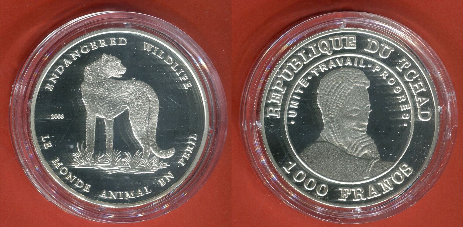 Tschad Chad 1000 Francs 2003 Gefährdete Tierwelt - Gepard Proof with ...