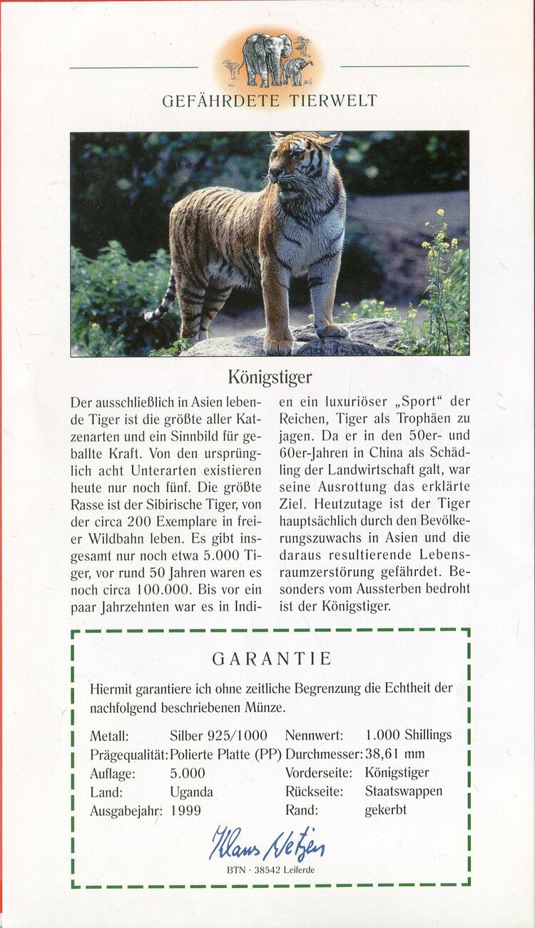 Uganda 1000 Shillings 1999 Gefährdete Tierwelt - Königstiger Proof with ...