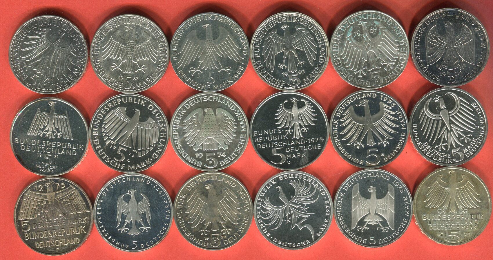Bundesrepublik Deutschland 18 x 5 DM Gedenkmünzen Silber Konvolut 1966 ...
