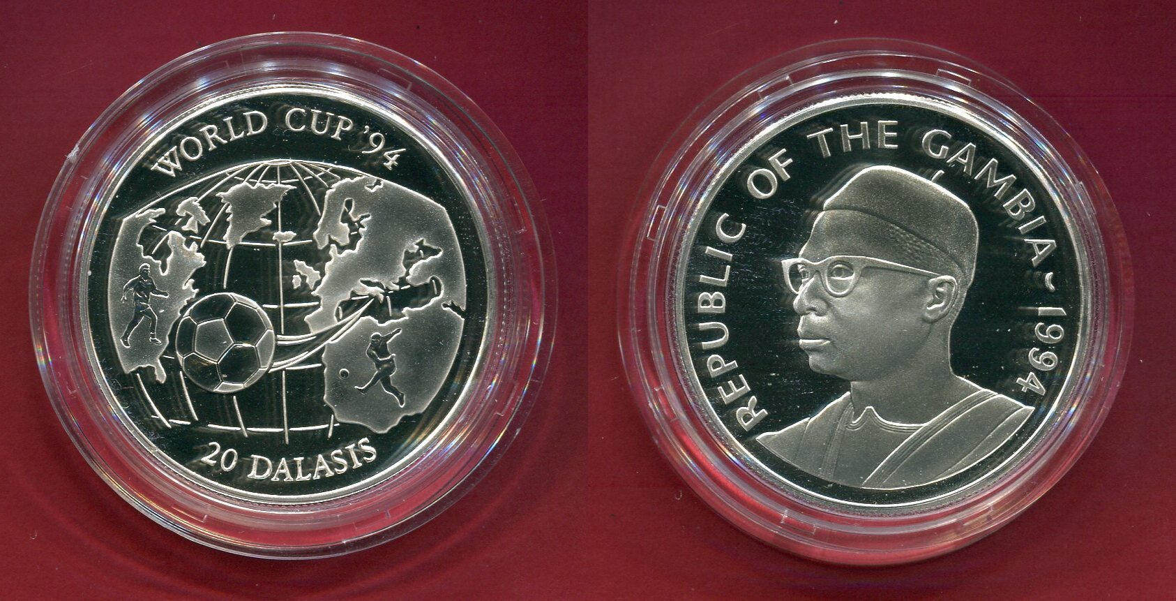Gambia 20 Dalasis Silbermünze Fußball-Weltmeisterschaft 1994 proof in ...