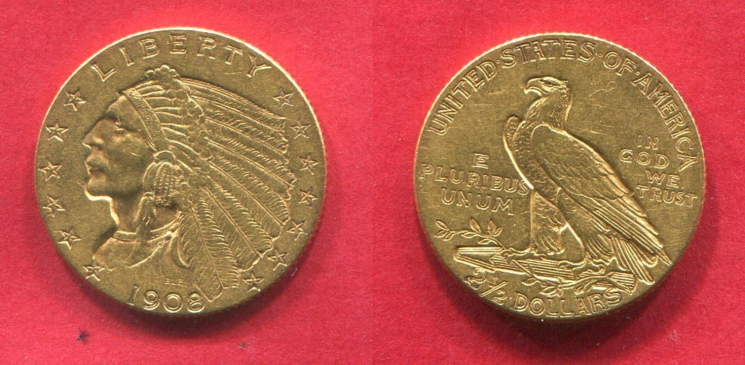 USA 2 1/2 Dollars Goldmünze 1908 Indian Head, Indianer Erstes Prägejahr ...