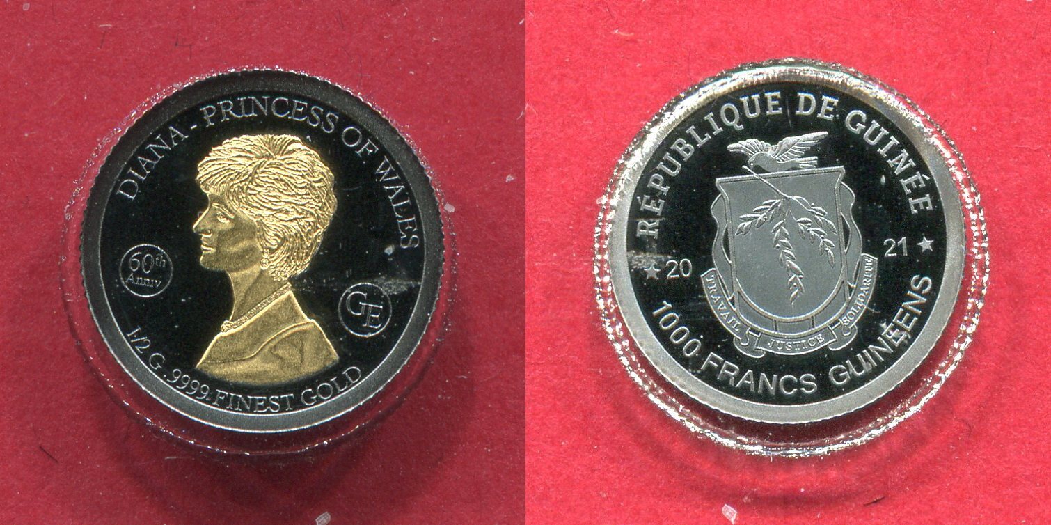 Guinea 1000 Francs GNF Minigoldmünze veredelt 2021 Prinzessin Diana 60 ...